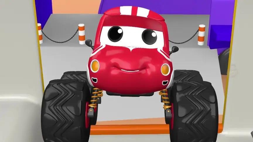 益智动画,在玩具公共汽车上,装满各种颜色的卡通小汽车