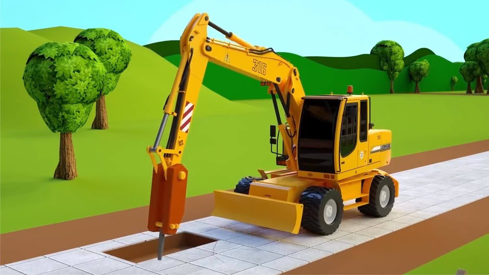 益智:挖掘机、工程车维修损坏的水管,工程车表演