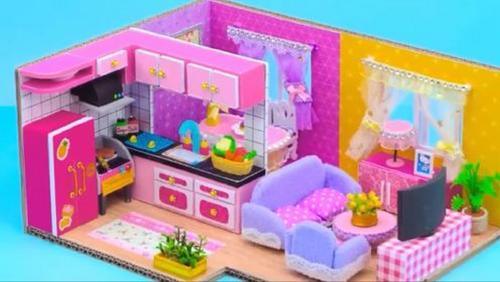DIY迷你小屋:如何用纸板手工打造,简约现代风格的厨房和客厅!