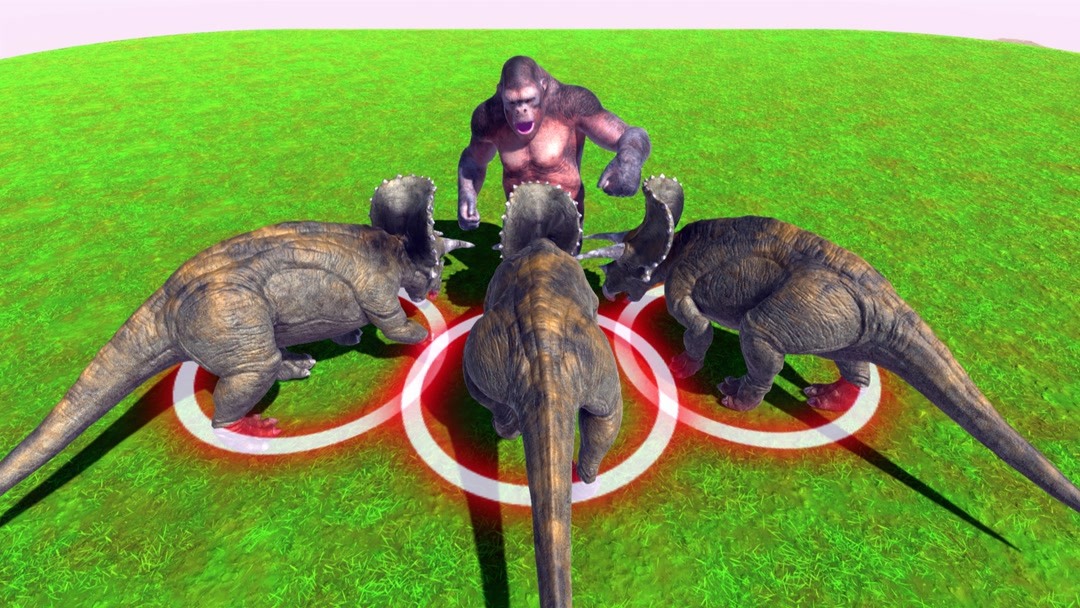 动物战争模拟:三只三角龙VS五郎巨人 胜负难预料 你猜谁能赢