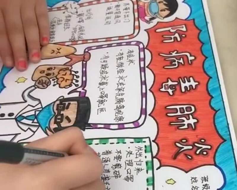 ...画的新型冠状病毒手抄报。向奋斗在一线的白衣天使和工作人员致敬!