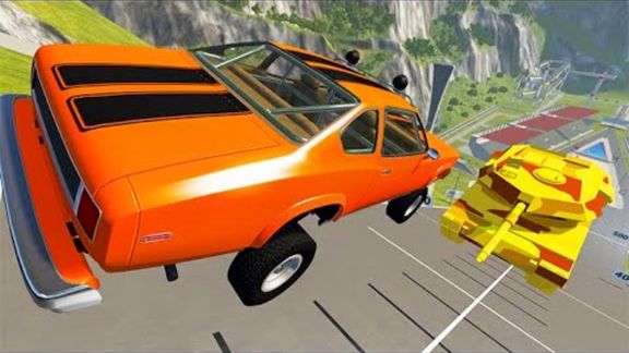 模拟各种小轿车开足马力飞跃超大黄金坦克,撞车画面够酸爽