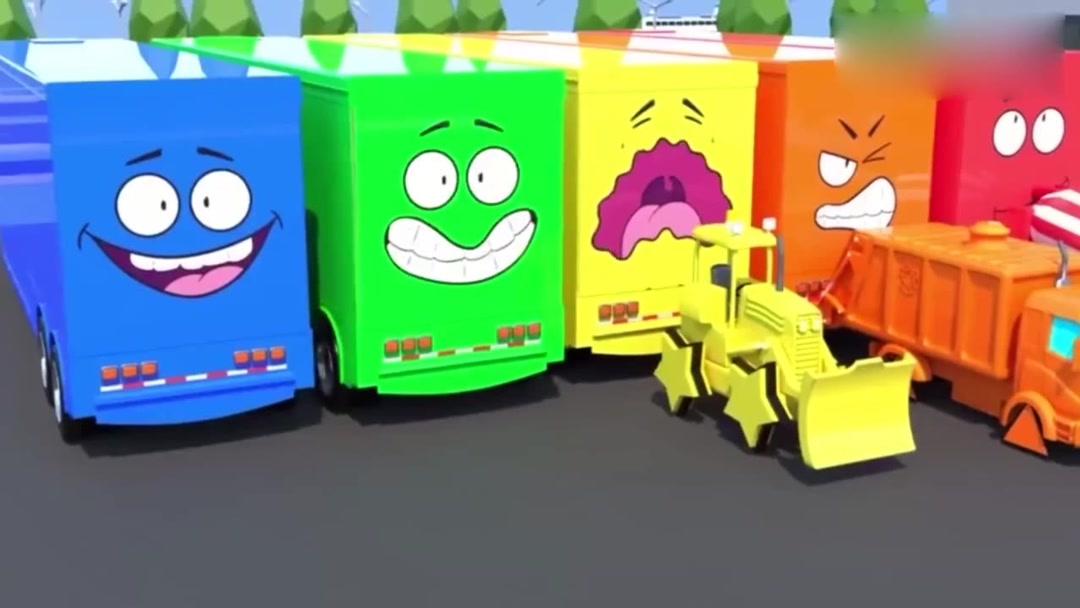 亲子早教 少儿益智动画,不同颜色的大卡车里面开出不同功能的车辆