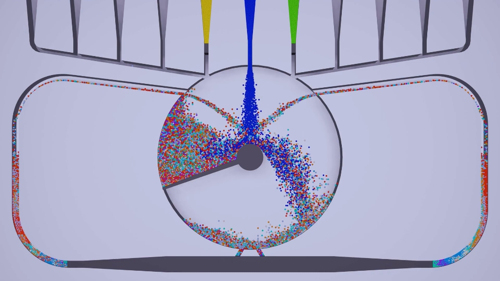 粒子流体,多重彩色,管道汇合搅拌,仿真模拟。