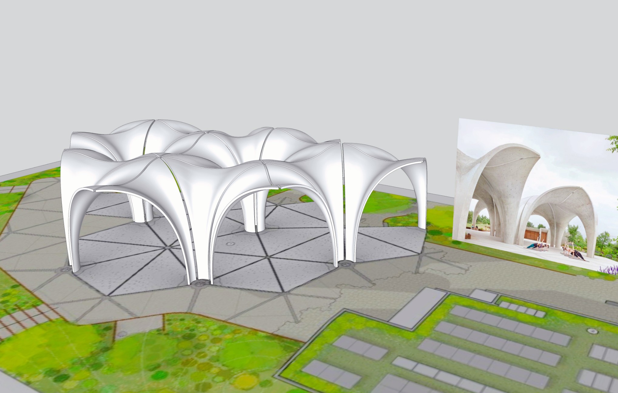 美国丹佛市Confluence公园花瓣型混凝土展亭-SU异形曲面高还原建模