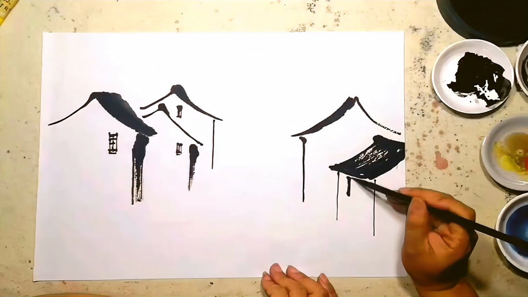 国画山水小景画44集,江南水乡的房屋构图,要学会画面的组合搭配