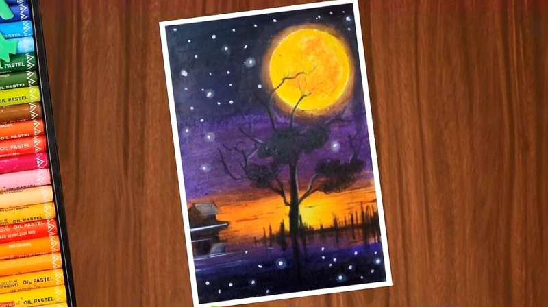 初学者可学的油画棒绘画视频,一步步绘制紫色夜景