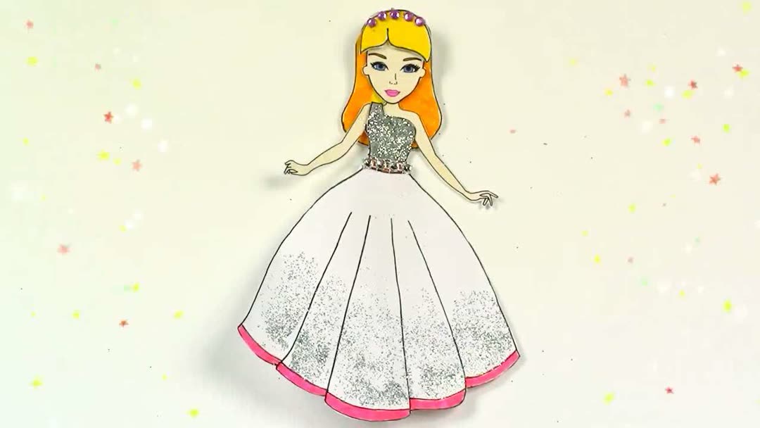 芭比公主裙创意简笔画:超漂亮的公主,你来给她裙子涂色哦!