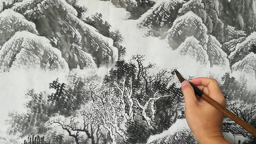 山水画墨稿,树叶的画法
