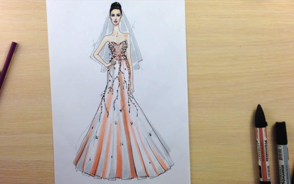 服装设计图基本画法:抹胸婚纱裙的绘制,你学会了吗?