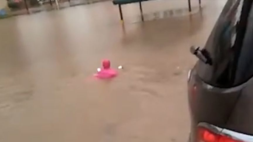 广西南宁上班高峰暴雨 市民骑电动车水中前行 变成“潜水艇”