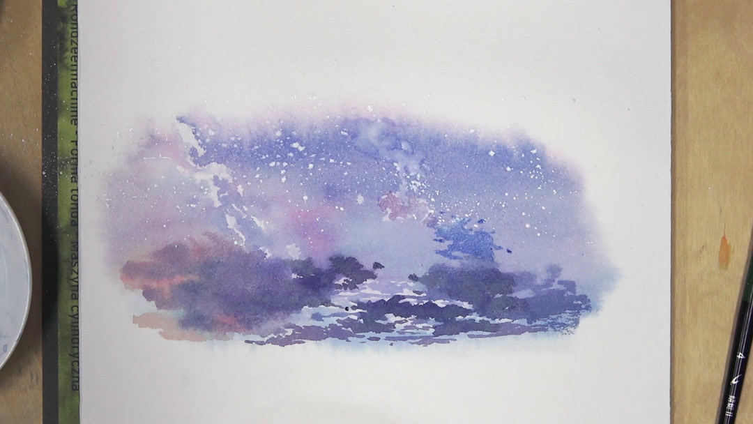 水彩风景绘画,晚霞的天空