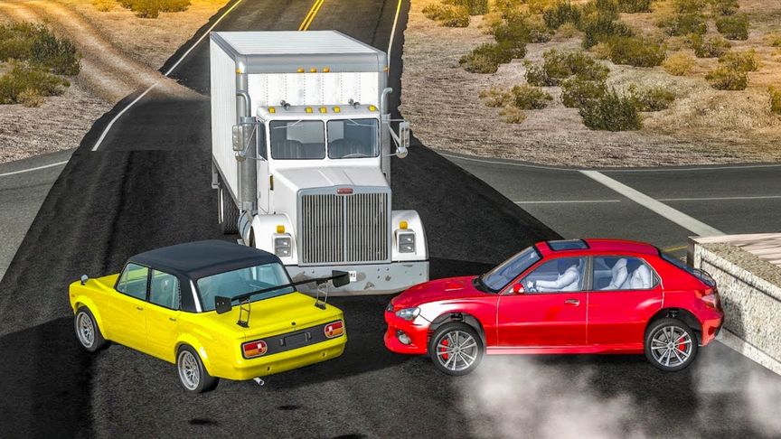 BeamNG:模拟两辆小轿车玩街头赛车时方向失控撞车,画面够酸爽