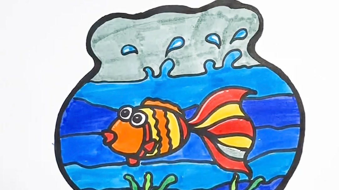 儿童简笔画:画鱼缸和金鱼的颜色和绘画