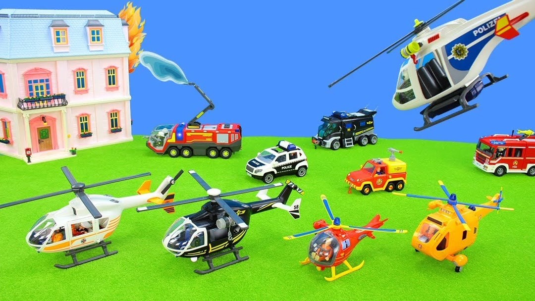 儿童卡通动画:直升机救援:警察,救护车和消防卡车