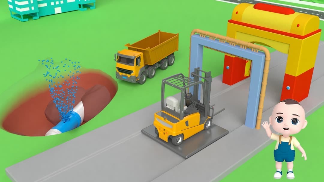 早教动画:水管开裂漏水,洗车机停止运转,工程车紧急修复