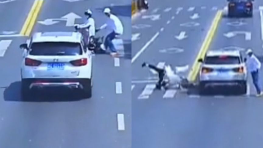 女骑手闯红灯被秒撞飞,后座男子逃过一劫,网友:闯红灯负全责