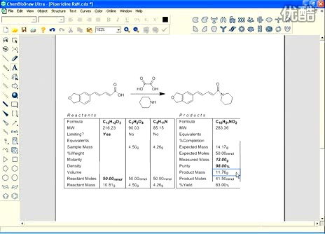 如何使用ChemDraw中的化学计量学计算表格