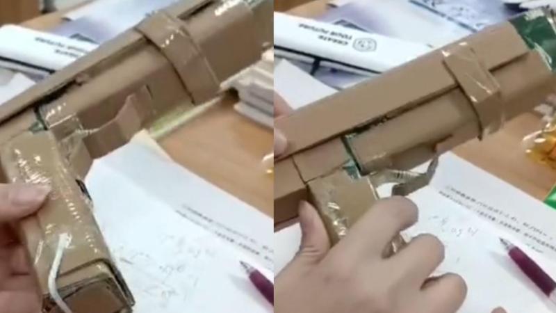 小学生用纸盒手工制作冲锋枪、重型机枪 老师看到后直夸太牛了!
