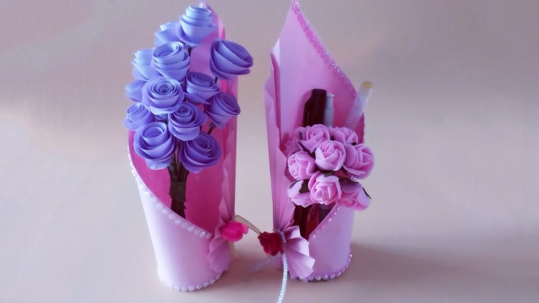 教你折纸简单漂亮的桌面收纳笔筒,还可以用来当花瓶,太漂亮啦