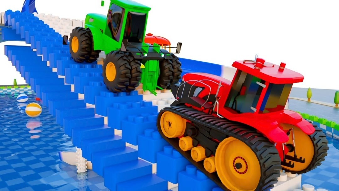   挖掘机卡车和农用车起重机在水上乐园玩耍 儿童卡通动画