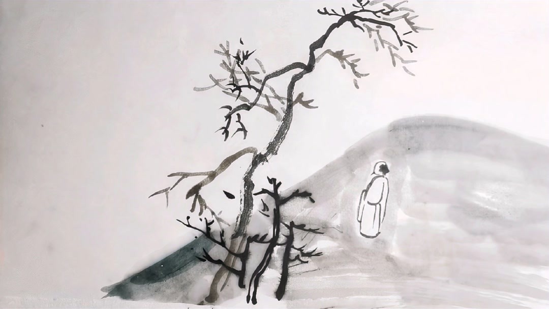 国画水墨画,树下有位观望远方的人