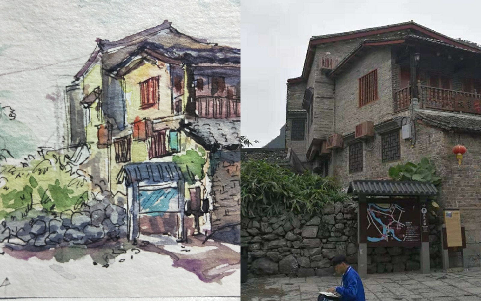 【20分钟的速写淡彩】许久不画风景的小白教学视频,有错误请指出–...