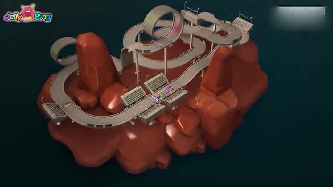 彩色的小汽车赛车比赛,蓝色汽车获得第一名,动画片