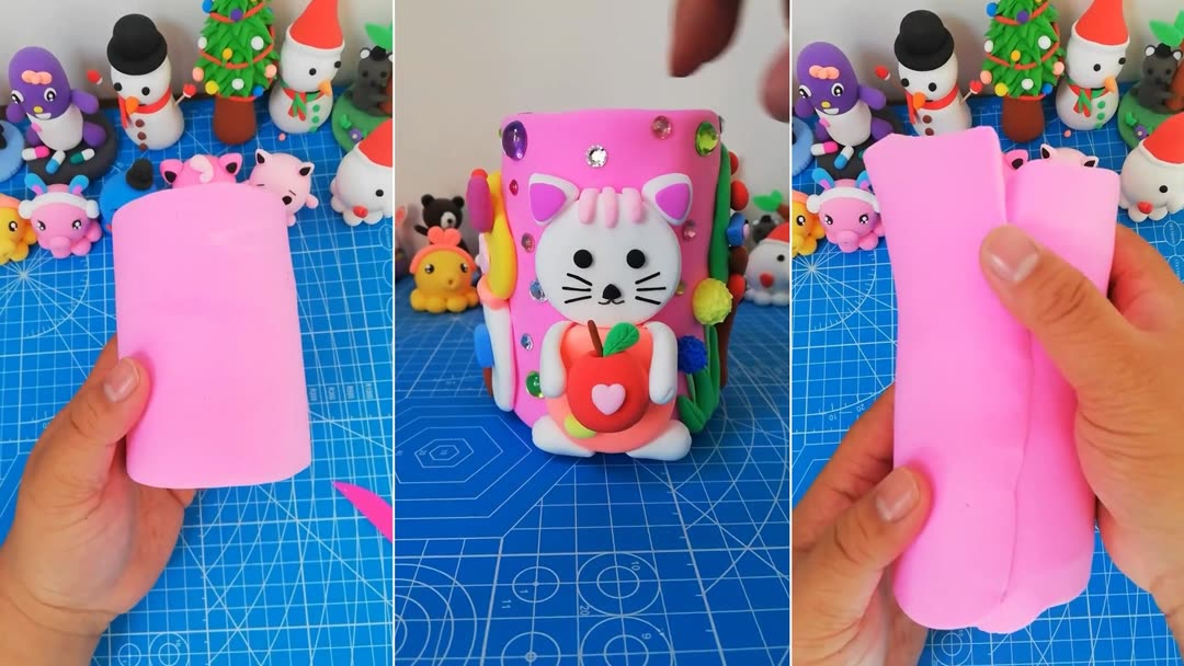 粘土捏小猫笔筒教程