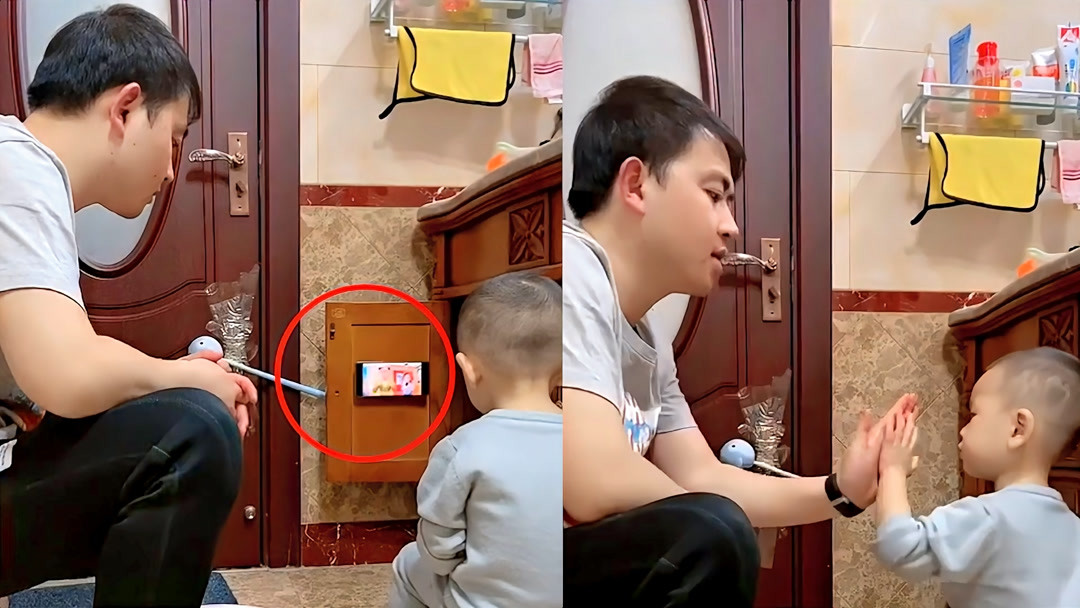 爸爸厕所设机关让宝宝偷看动画,妈妈一推门…网友:上阵父子兵