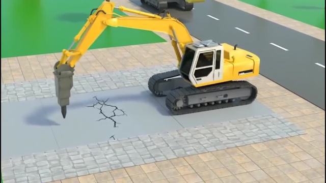 挖掘机、工程车维修损坏的喷泉,儿童早教启蒙动画