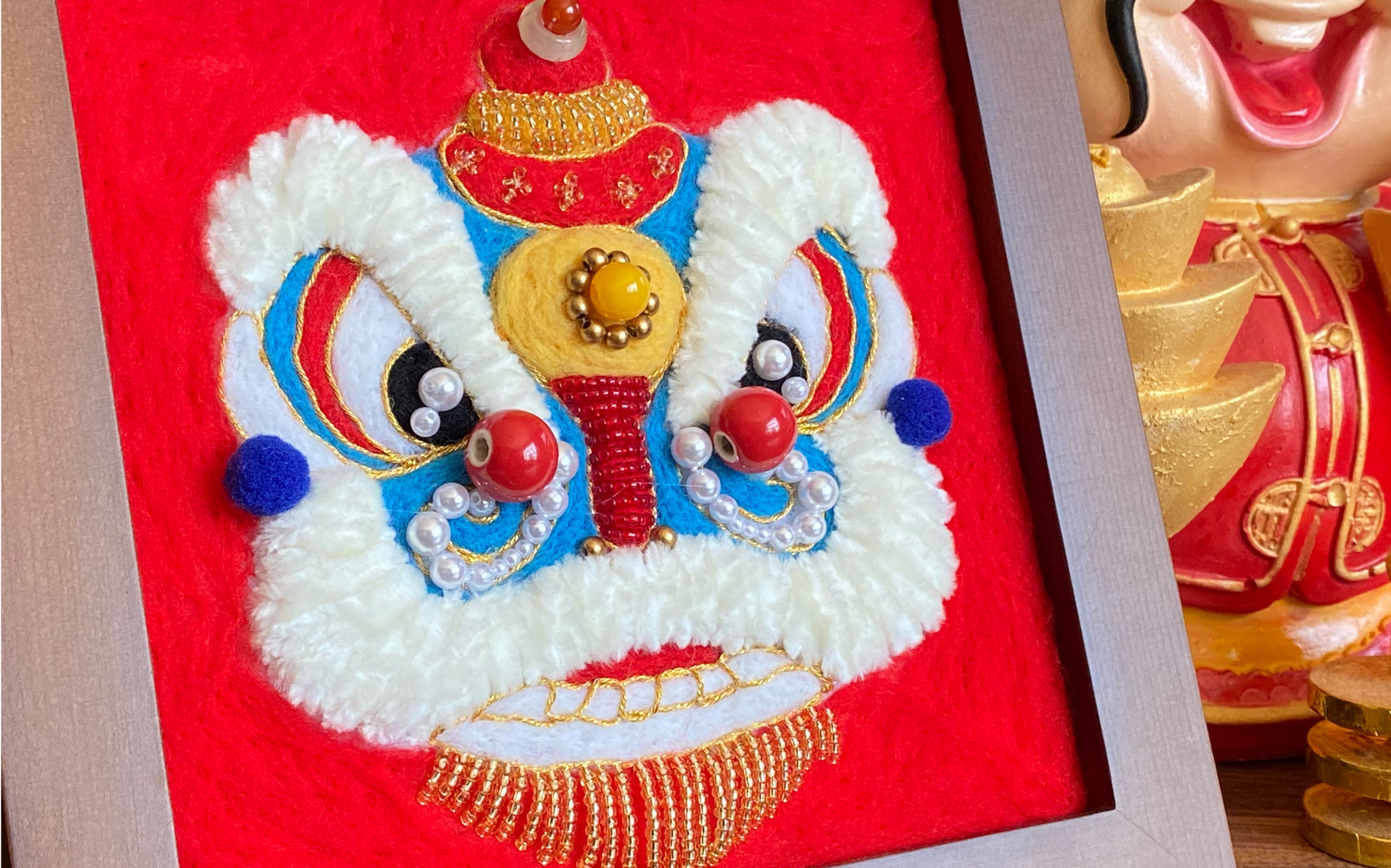 手工vlog|这么华丽的舞狮,居然是羊毛扎的?!|毛毡画教程