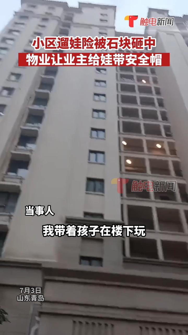 ...砸中,向物业投诉后,管家让业主戴安全帽遛娃。物业:能做的只有宣传。