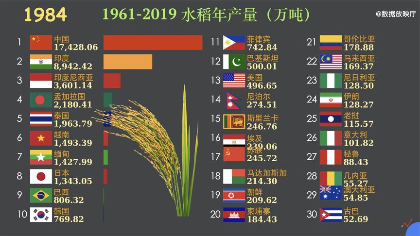 1961年到2019年各国水稻产量排行榜,中国稳居第一