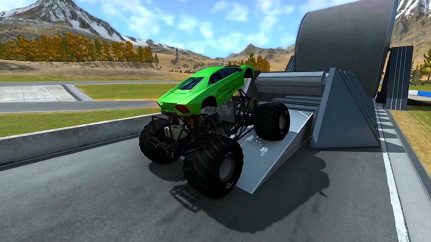 BeamNG:兰博基尼大脚车开足马力冲向超强粉碎机,拟真车祸模拟