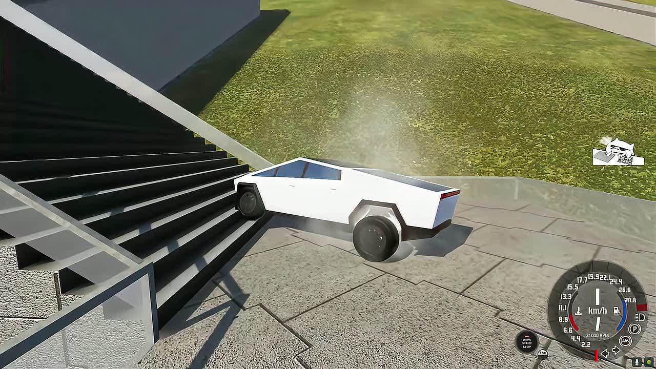 车祸模拟器 特斯拉皮卡挑战上楼梯,太差劲了!