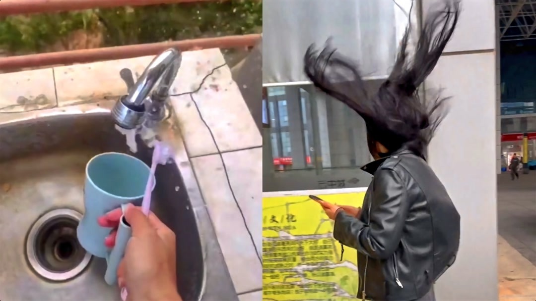 论江西“妖风”有多厉害!女子出门发型秒被吹飞,但烤肠不能掉!