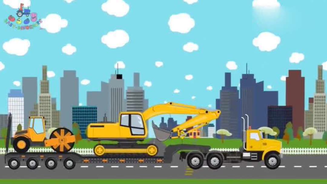 儿童卡通,工程车动画,挖掘机动画,挖掘机和压路机去修路