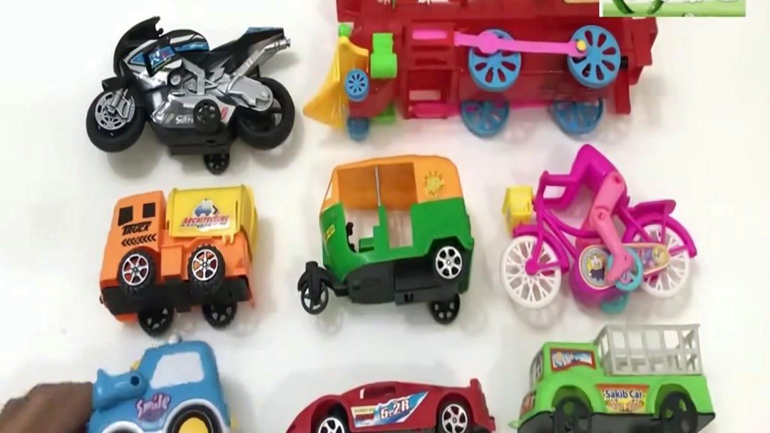 儿童车辆玩具学习颜色和数字,摩托车火车垃圾车三轮车赛车自行车