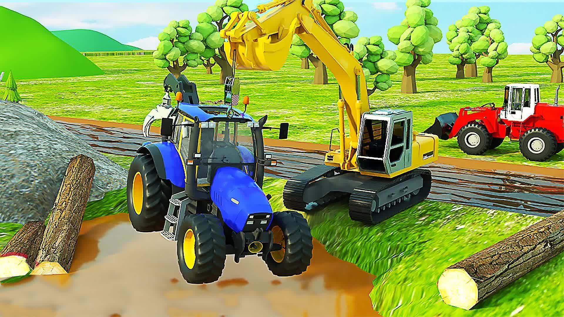 动画│挖掘机救援拖拉机并修建运送木头的水渠