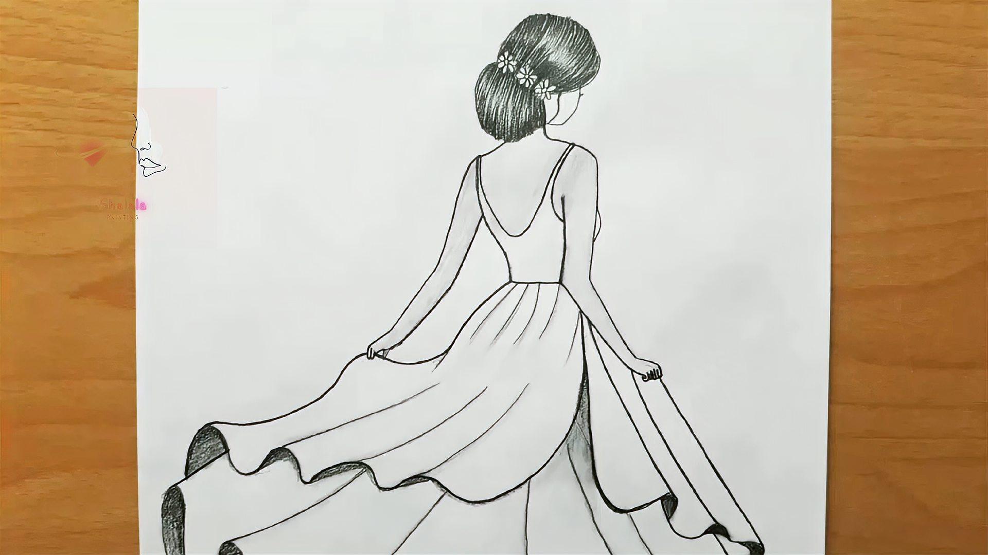 素描勾勒简单画出一个长裙美女