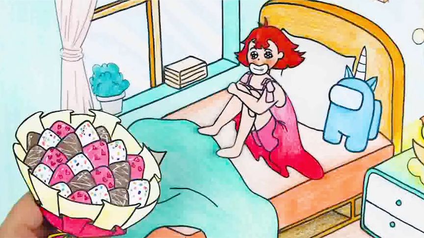 定格动画:小美坐在床上痛苦,突然收到一束巧克力花,又开心了