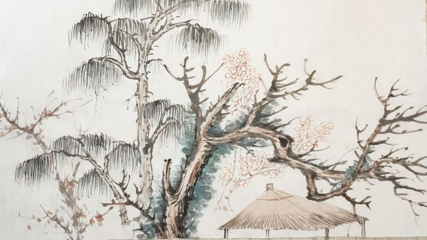 原本只想画一棵纯水墨树,不曾想习惯使然,画着画着就成了这样