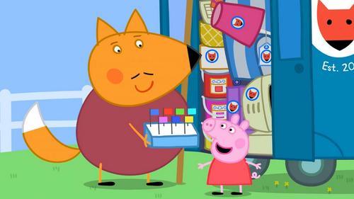 简笔画:小猪佩奇和苏西在公园的沙坑里玩,佩奇找狐狸先生要小旗帜