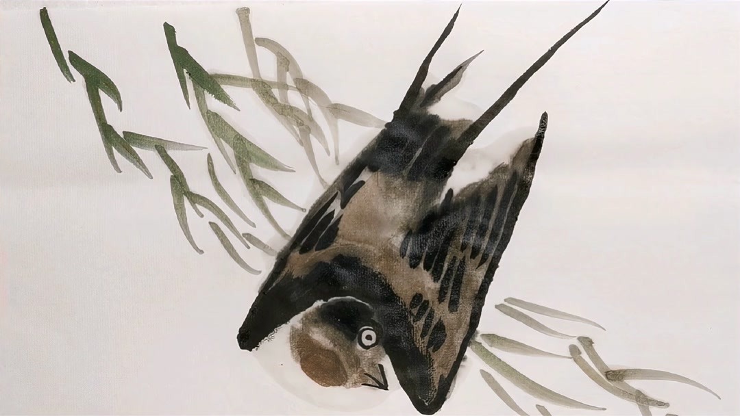 国画水墨燕子图,画一只燕子和柳条,有趣生动