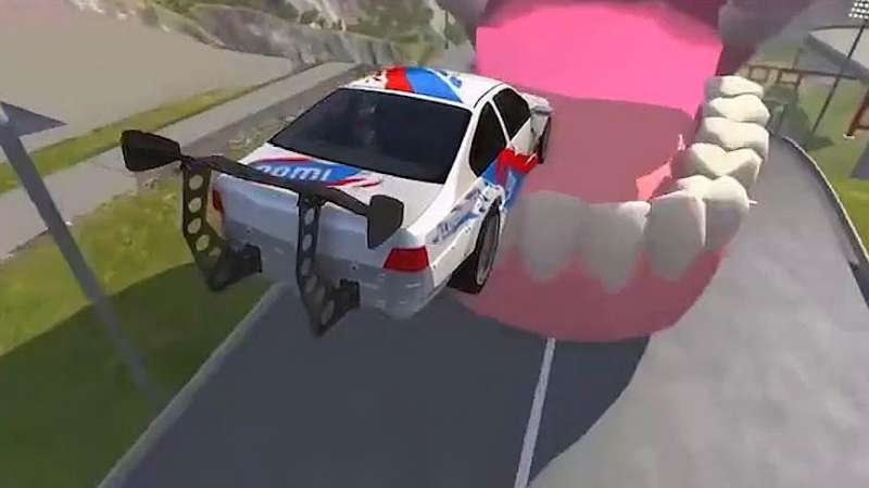 车祸模拟:小跑车开足马力飞跃冲向牙科超大牙齿模型