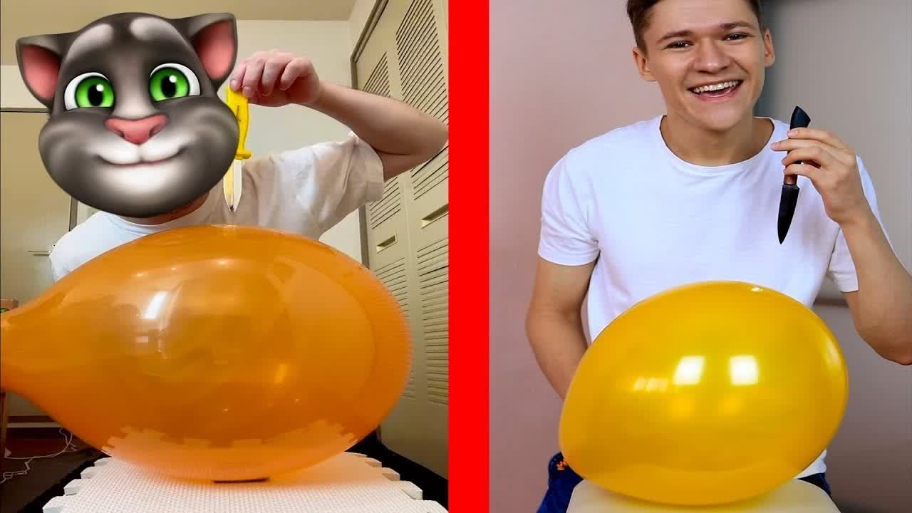 搞笑模仿秀:男孩模仿汤姆猫扎破气球,太有趣好玩了!