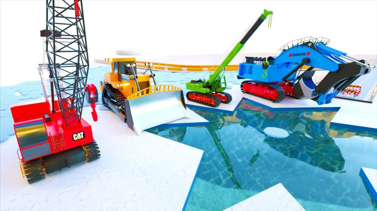 挖掘机大吊车救援掉进冰窟窿里的推土机挖掘机表演早教益智动画