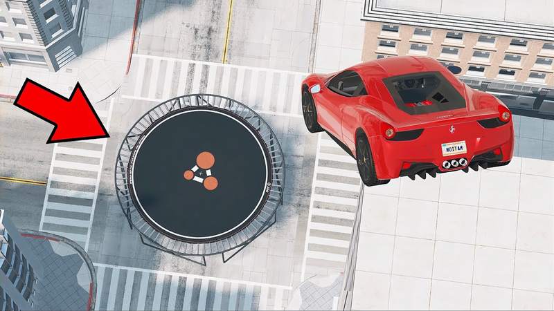 车祸模拟器:各种车vs超大蹦床vs煤气罐,法拉利从高楼上掉下去