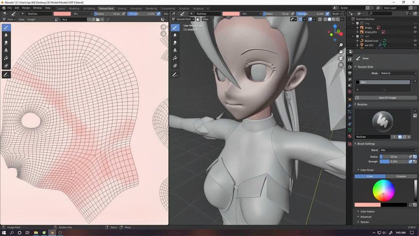 blender-2.9x-卡通角色简单动画面部绘画,头发纹理